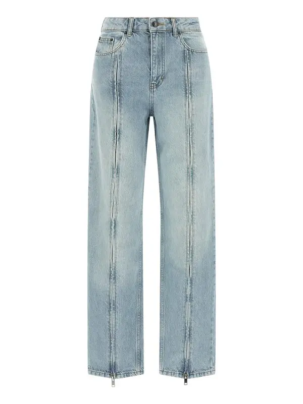 ROTATE BY BIRGER CHRISTENSEN Wash Straight Leg Jeans With Front Zips - Light Blue