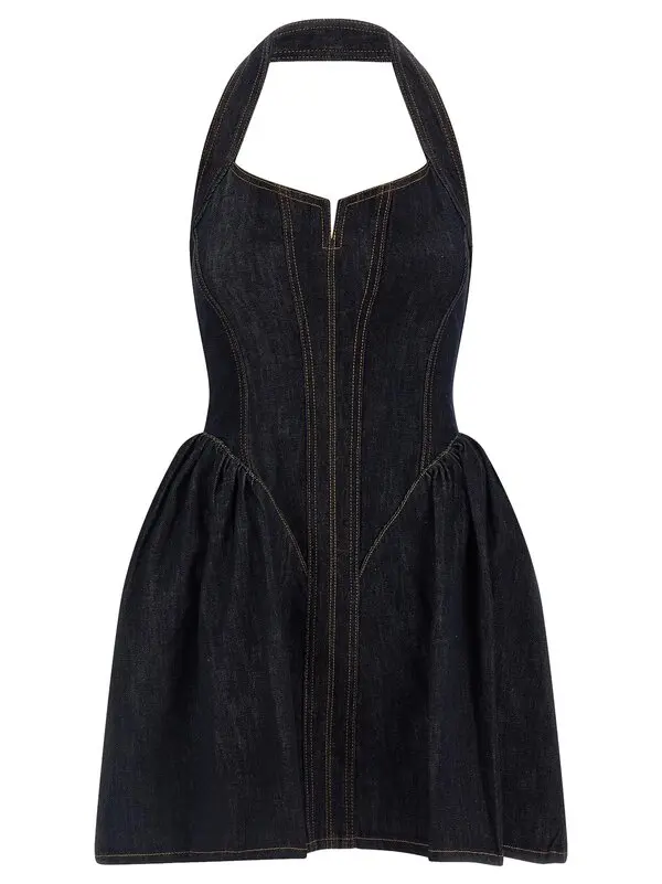 SELF-PORTRAIT Denim Halterneck Corset Mini Dress - Blue