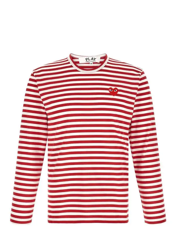 Play Comme Des Garcon Striped T-shirt With Heart Patch - White
