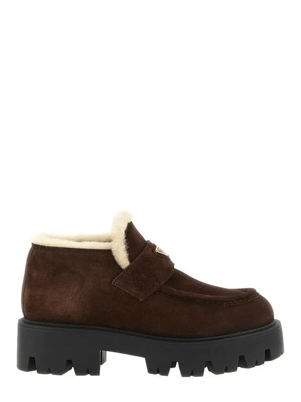 Prada Suede Shearling Lined Loafers With Enamel Logo - Brown