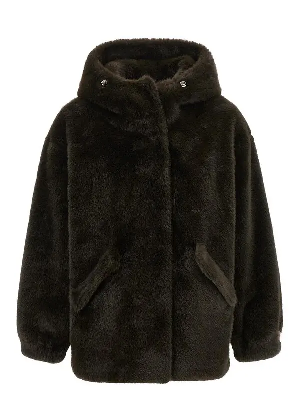 LOU ANDREA Faux Fur Hooded Jacket With Leather Logo Patch - Green