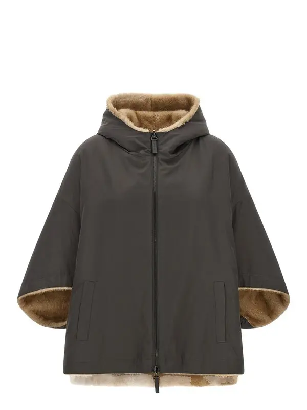 LOU ANDREA Reversible Hooded Cape With Faux Fur Trim - Gray