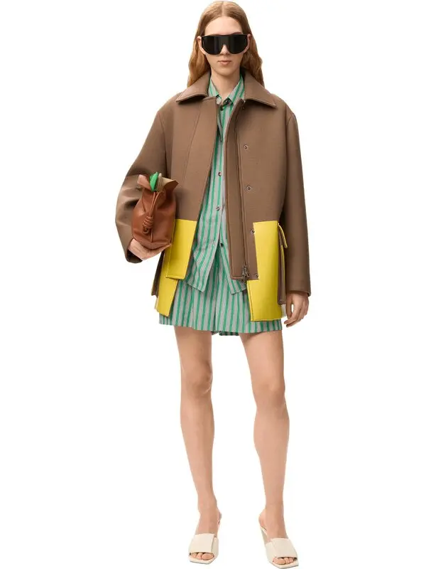 Loewe Wool Coat With Foil-printed Hem And Detachable Knit Flap - Camel
