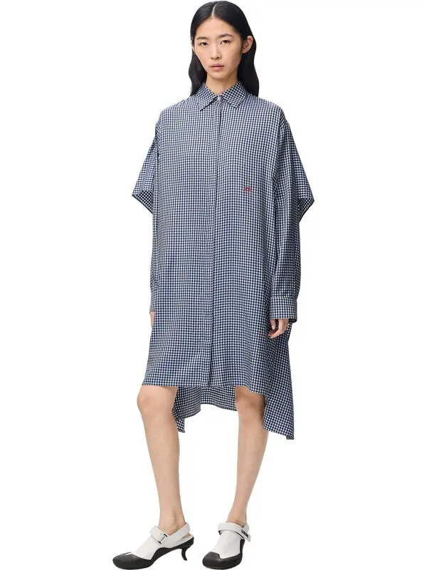 Loewe Gingham Checked Silk Cape Dress - Blue/white