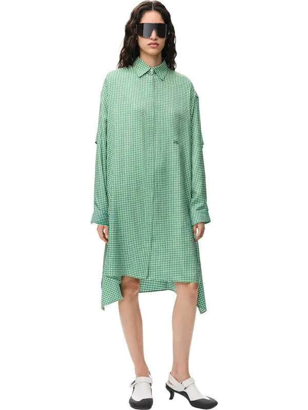 Loewe Gingham Checked Silk Cape Dress - Green/white