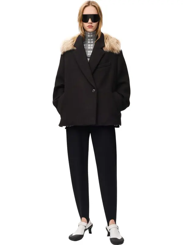 Loewe Short Coat In Wool And Cashmere With Shearling Collar - Black