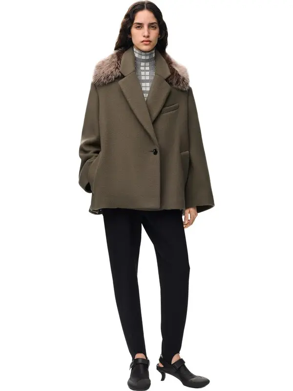 Loewe Short Coat In Wool And Cashmere With Shearling Collar - Taupe Grey
