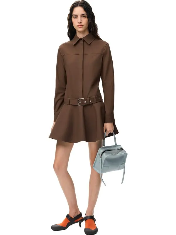 Loewe Cotton Utility Dress With Flared Hem And Belted Drop Waist - Brown