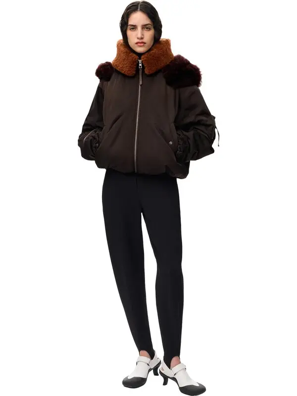 Loewe Bomber Jacket In Technical Shell With Double Hoods And Shearling Trim - Brown