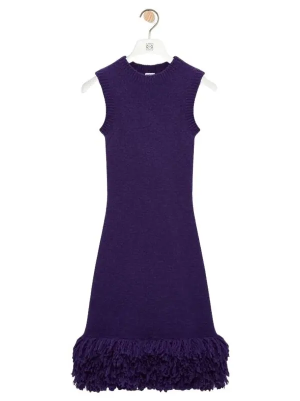 Loewe Wool Blend Knit Dress With Fur Stitch Trim - Purple