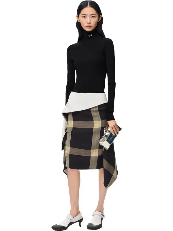 Loewe Draped Checked Skirt In Stretch Viscose - Black/beige