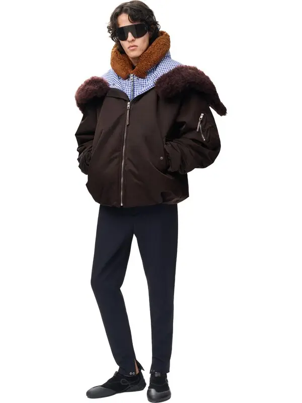 Loewe Bomber Jacket In Technical Shell With Shearling And Gingham Check - Brown