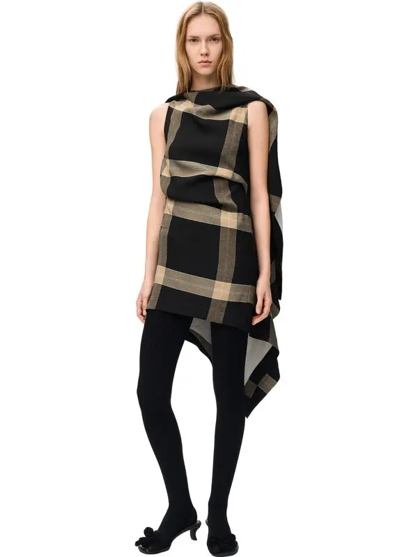Loewe Asymmetric Draped Checked Stretch Viscose Dress - Black/beige