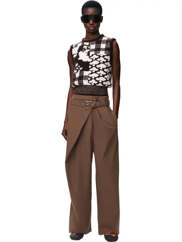 Loewe Cotton Draped Wide-leg Trousers With Belt - Brown