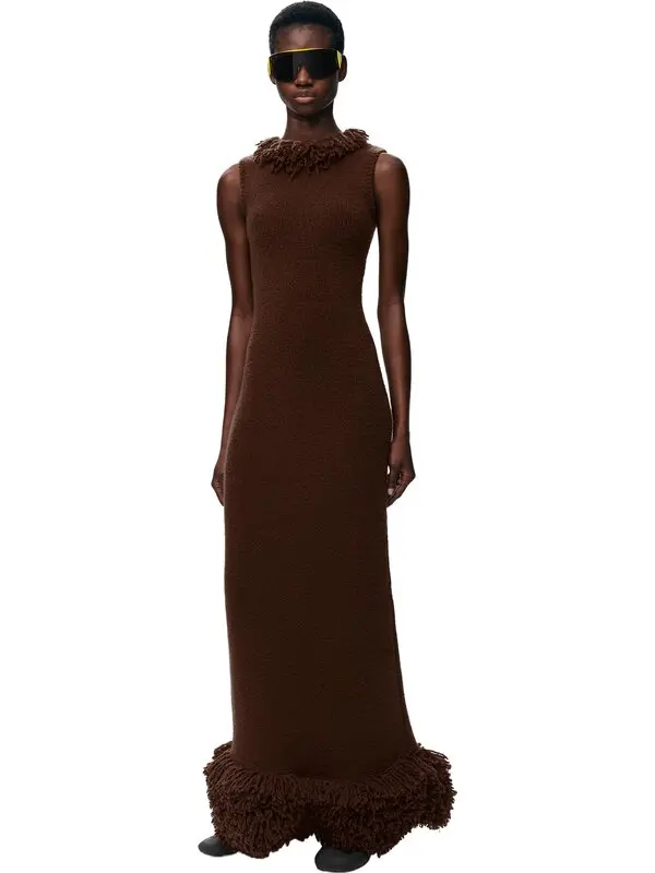 Loewe Wool Blend Maxi Dress With Fur Stitch Trim - Brown