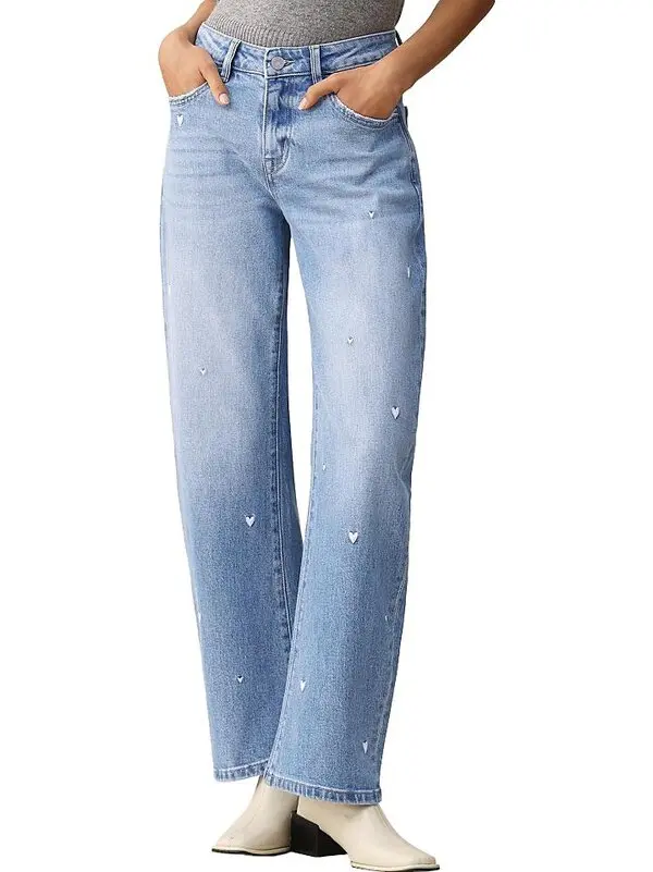 BAYEAS Floral Embroidered Mid Rise Barrel Denim Jeans - Blue