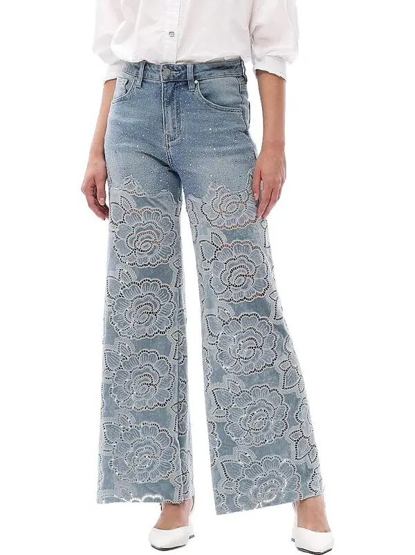 BAYEAS Floral Embroidered Wide Leg Rhinestone Jeans - Blue