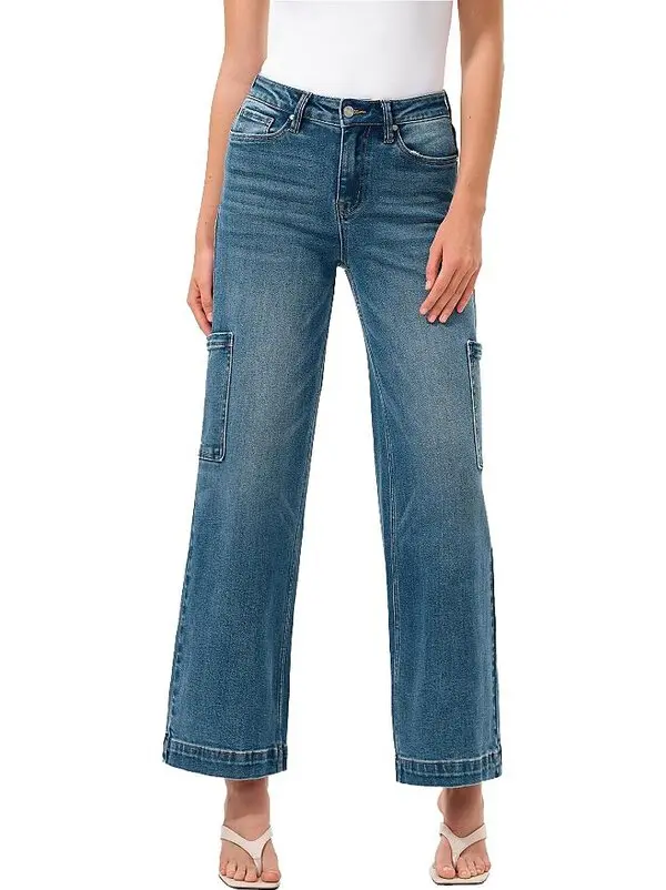 BAYEAS High Rise Wide Leg Jeans With Side Patch Pockets - Blue