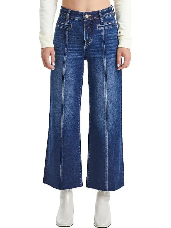 BAYEAS High Rise Wide Leg Jeans With Vertical Front Seam And Raw Hem In Dark Wash - Blue