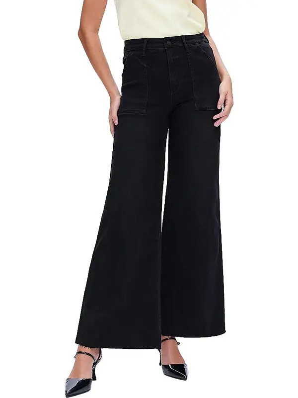 BAYEAS Embroidered High Rise Wide Leg Raw Hem Denim Jeans - Black