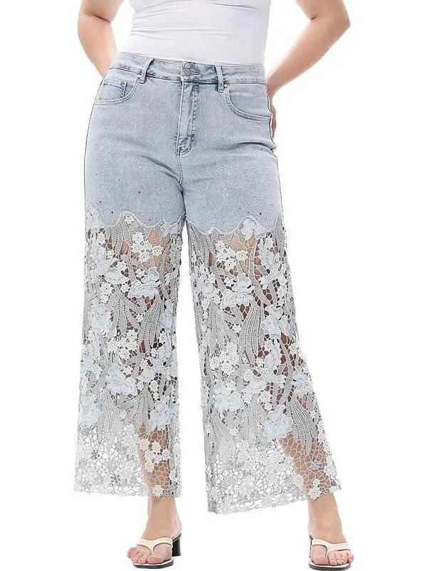 BAYEAS Wide Leg Jeans With Rhinestone And Lace Embroidery - Lesley Blue
