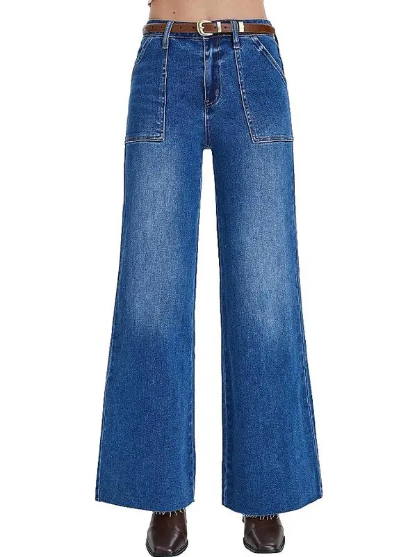 BAYEAS High Rise Wide Leg Embroidered Jeans - Blue