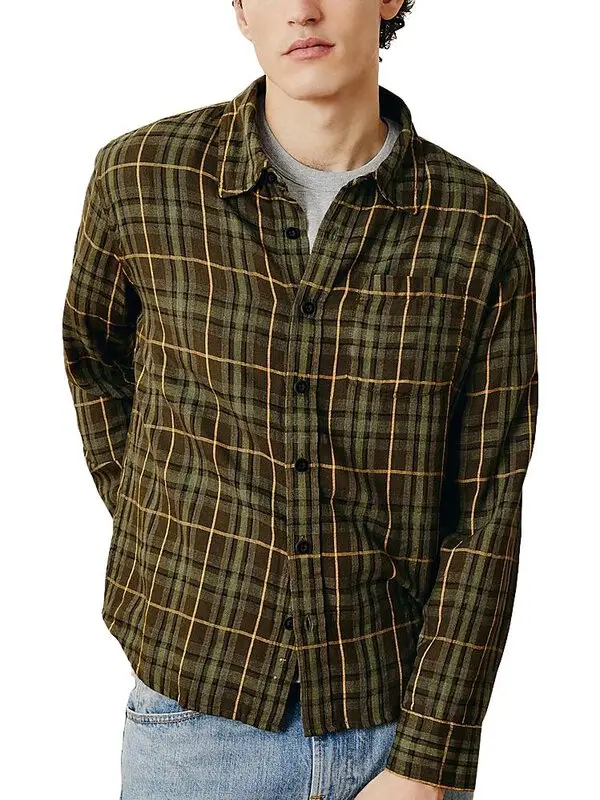 CORRIDOR Crinkle Plaid Cotton Blend Shirt - Olive
