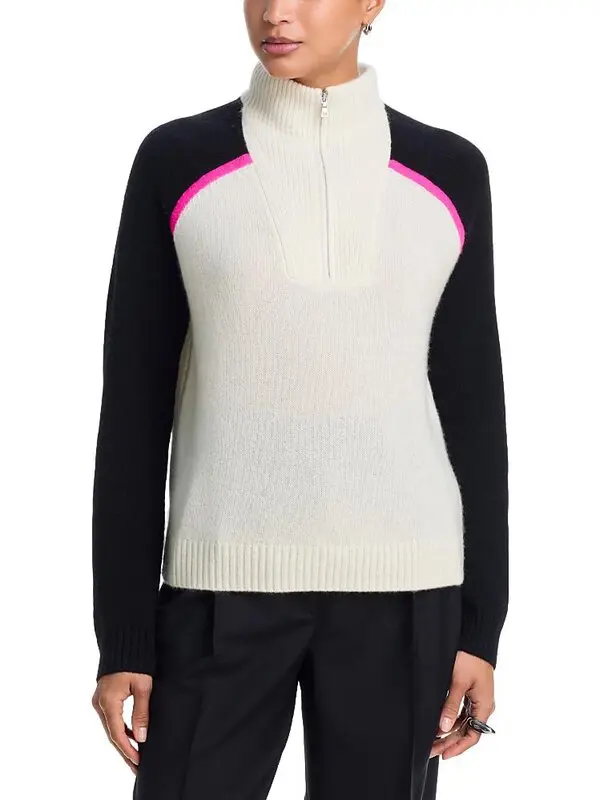 Aqua Half Zip Mock Neck Cashmere Sweater - Ivory/black/pink