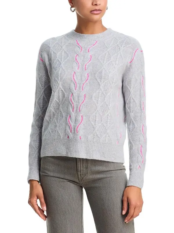 Aqua 100% Cashmere Cable Knit Crewneck Sweater - Light Grey/ Pink