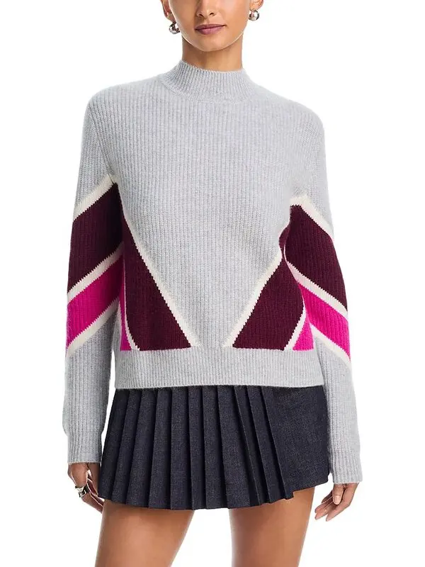 Aqua Striped Mock Neck Cashmere Sweater - Light Grey Multi