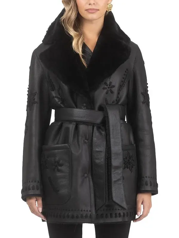 Gorski Merino Shearling Lamb Jacket With Embroidery And Belt - Black
