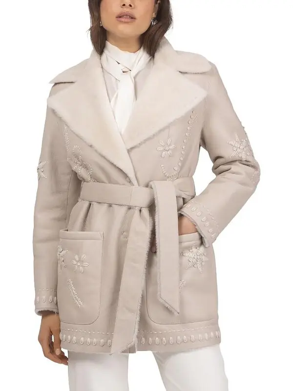 Gorski Merino Shearling Lamb Jacket With Embroidery And Belt - Cream