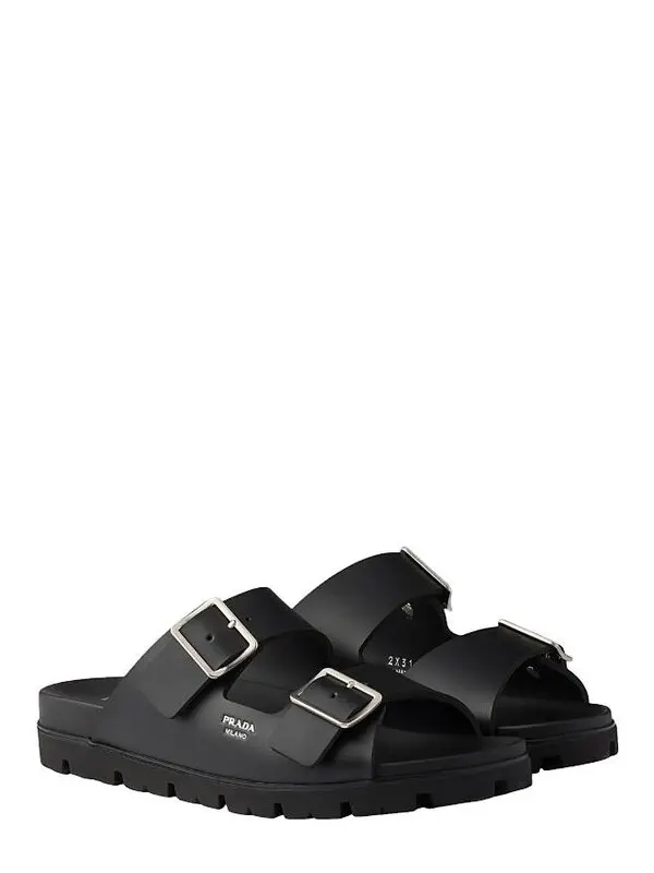 Prada Rubber Strap Sandals With Metal Buckles - Black