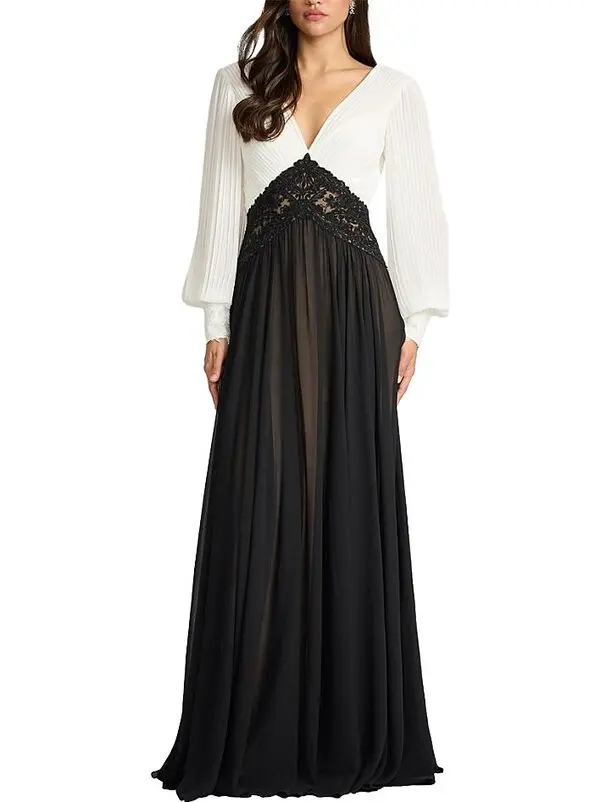 Tadashi Shoji Pleated Embroidered Waist Gown - Ivory/black