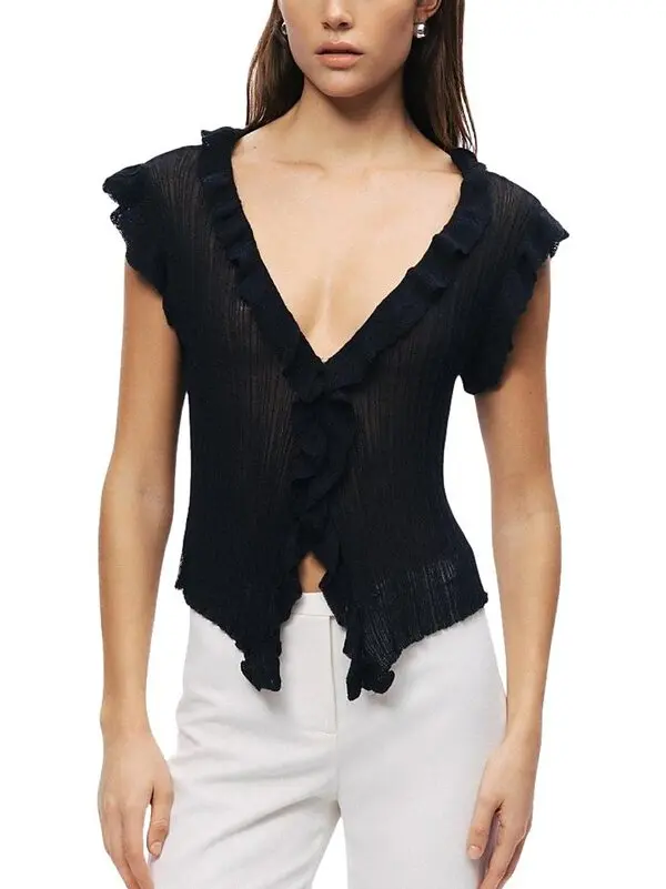 NOCTURNE Ruffled V-neck Sheer Blouse - Black