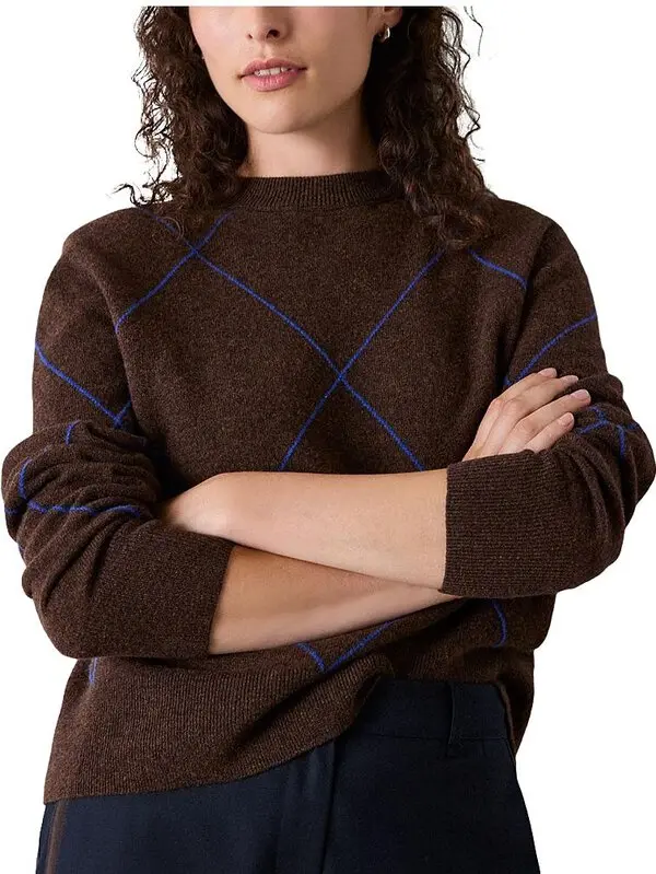 Whistles Contrast Diamond Knit Crewneck Sweater - Brown/multi