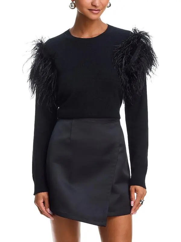 Aqua Cashmere Crewneck Sweater With Ostrich Feather Trim - Black