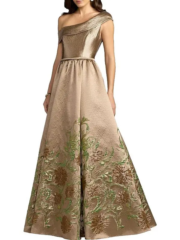 Mac Duggal One Shoulder Metallic Floral Ballgown - Beige Multi