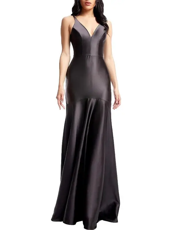 Dress The Population Shirley V-neck Spaghetti Strap Satin Mermaid Gown - Mocha