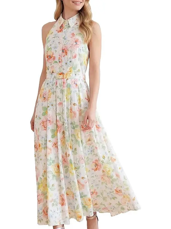 NEEDLE & THREAD Sienna Rose Cotton Halter Maxi Gown - Optic White
