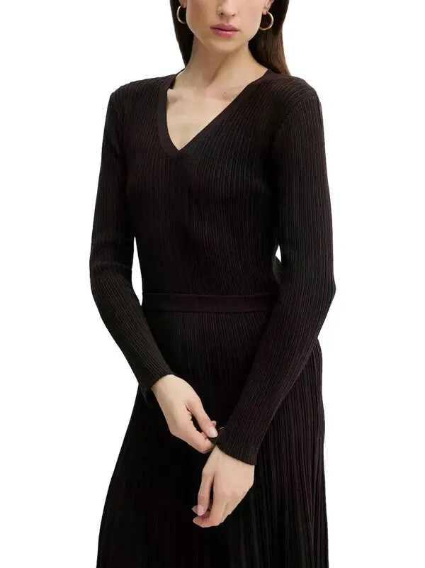 MORGAN V-neck Ribbed Knit Midi Dress - Brown
