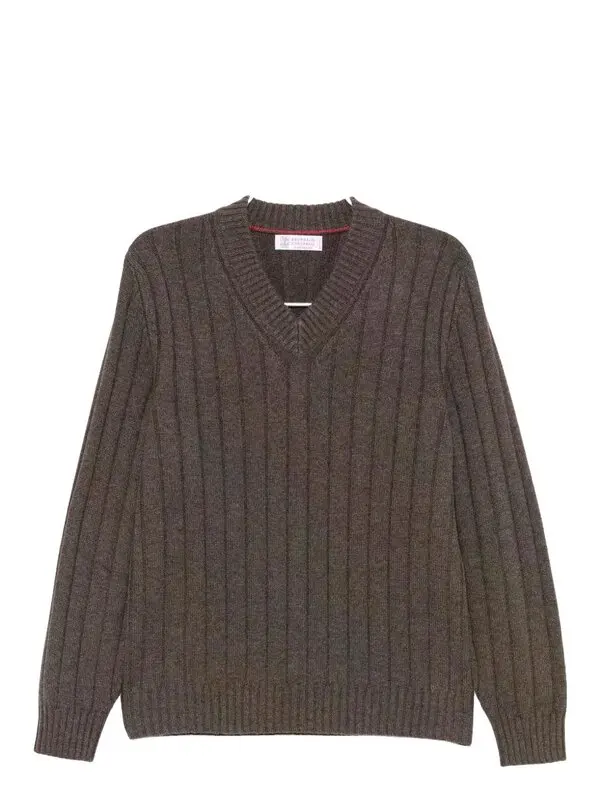Brunello Cucinelli Ribbed V-neck Jumper - Brown
