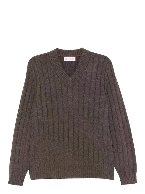 Brunello Cucinelli Ribbed V-neck Jumper - Brown