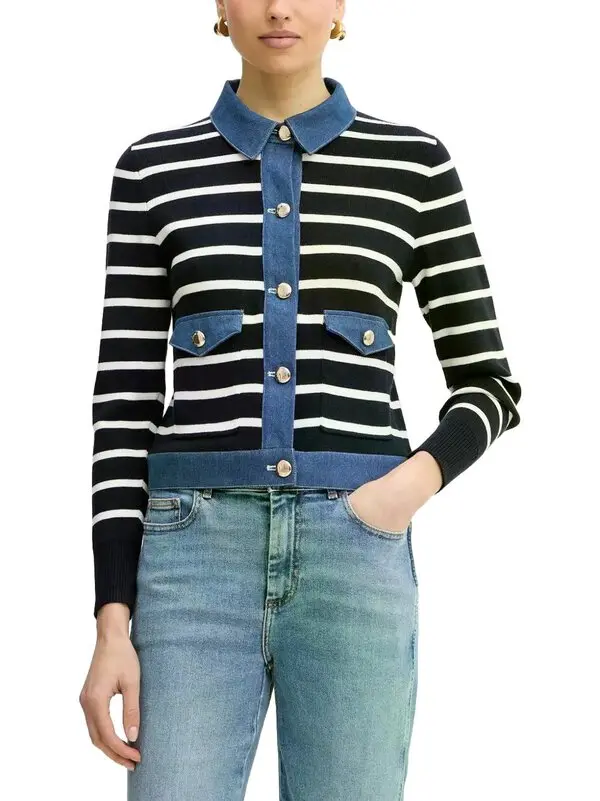 MORGAN Striped Cardigan With Button Fastening And Patch Pockets - Blue