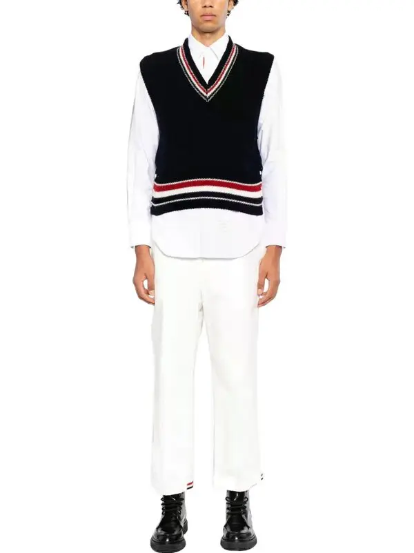 Thom Browne Stripe-detail V-neck Top - Blue