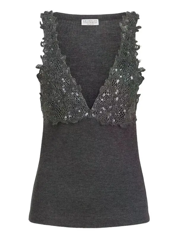 Brunello Cucinelli Ribbed Wool Jersey Top With Lace Embroidery - Grey