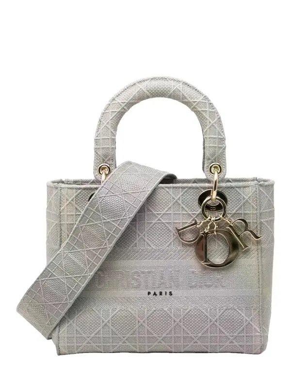 Dior Medium Embroidered Canvas Cannage Lady D Lite Satchel - Grey