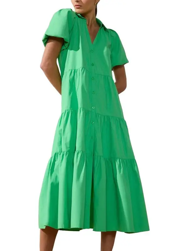 Brochu Walker Tiered Shirt Dress With Puff Sleeves - Derby Green