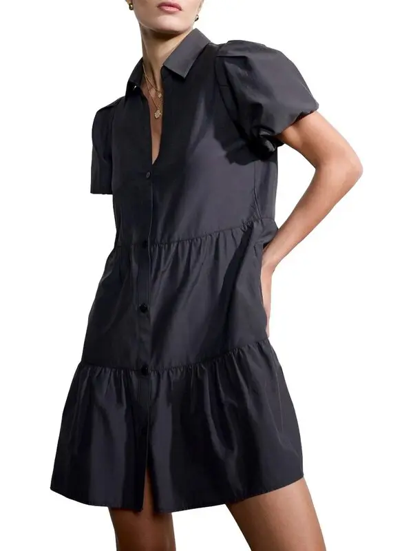 Brochu Walker Havana Mini Dress With Tiered Skirt And Puff Sleeves - Washed Black