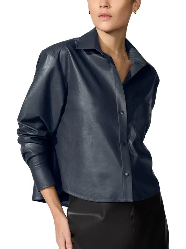 Brochu Walker Cropped Vegan Leather Shirt With Enamel Snaps - Admiral